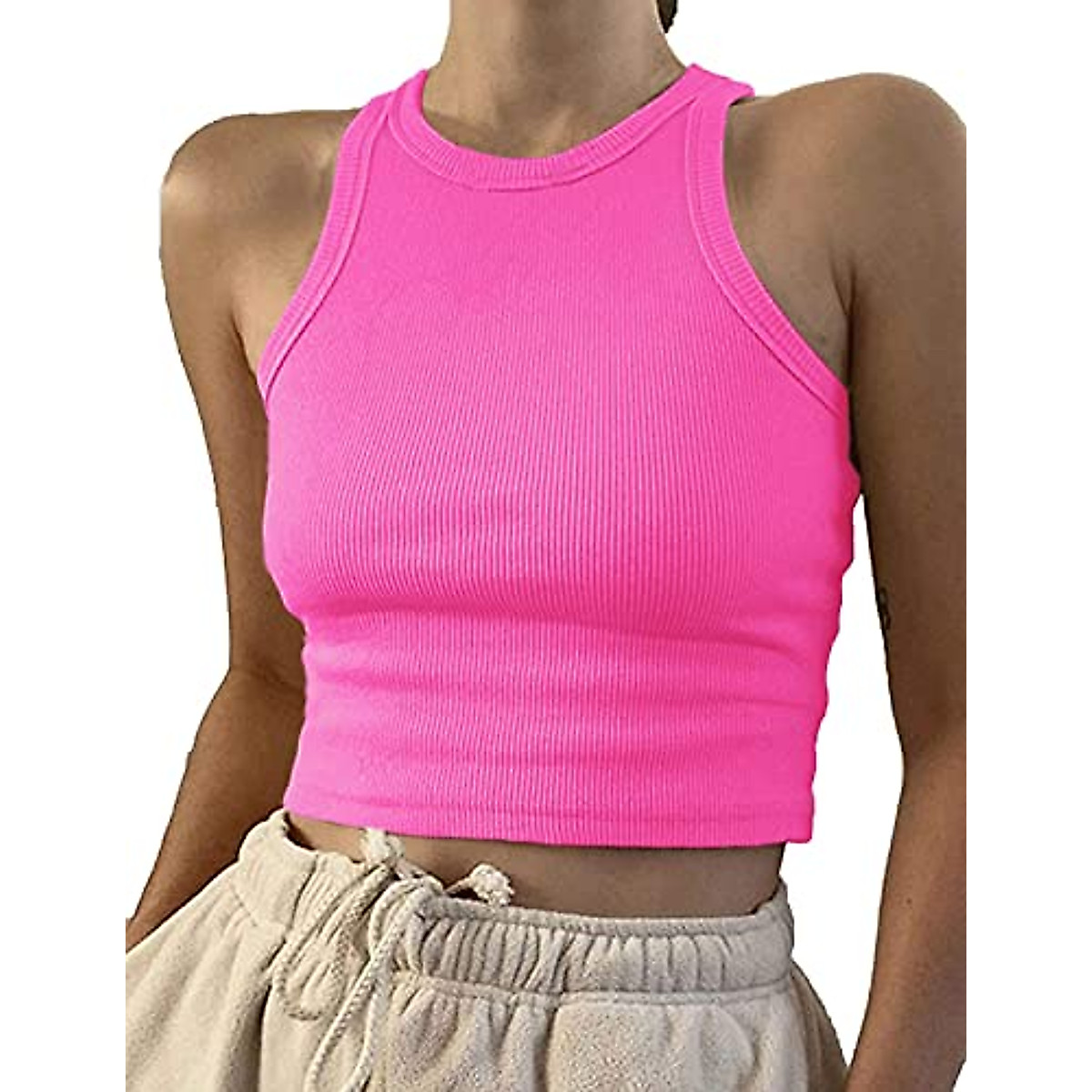 Artfish Women Casual Basic Sleeveless High Neck Ribbed Knit Racerback Crop Tank Top Cropped Neon Hot Pink S Valentines Day Going Out