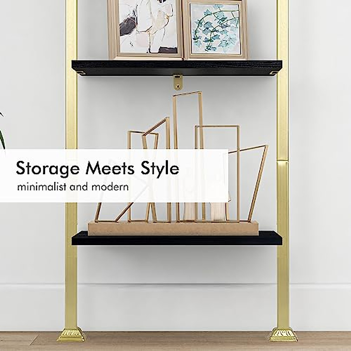 Axeman 5-Tier Ladder Bookcase, Tall Narrow Bookshelf for Small Spaces, Modern Book Storage Organizer Case Open Shelves for Bedroom, Living Room, Office, Library, Gold Metal Frame and Black Shelf