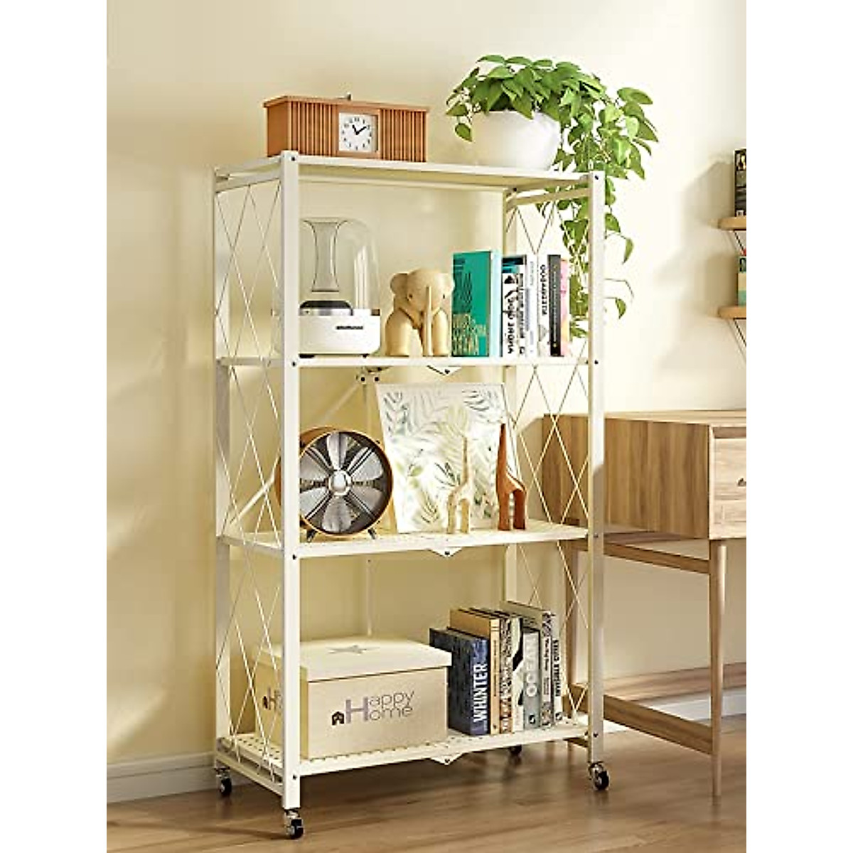 4 Tier Foldable Shelving Unit, Lanstics Folding Shelves Heavy Duty Storage Shelving with Wheels Metal Shelf Standing Shelves Units for Home Kitchen Living Room