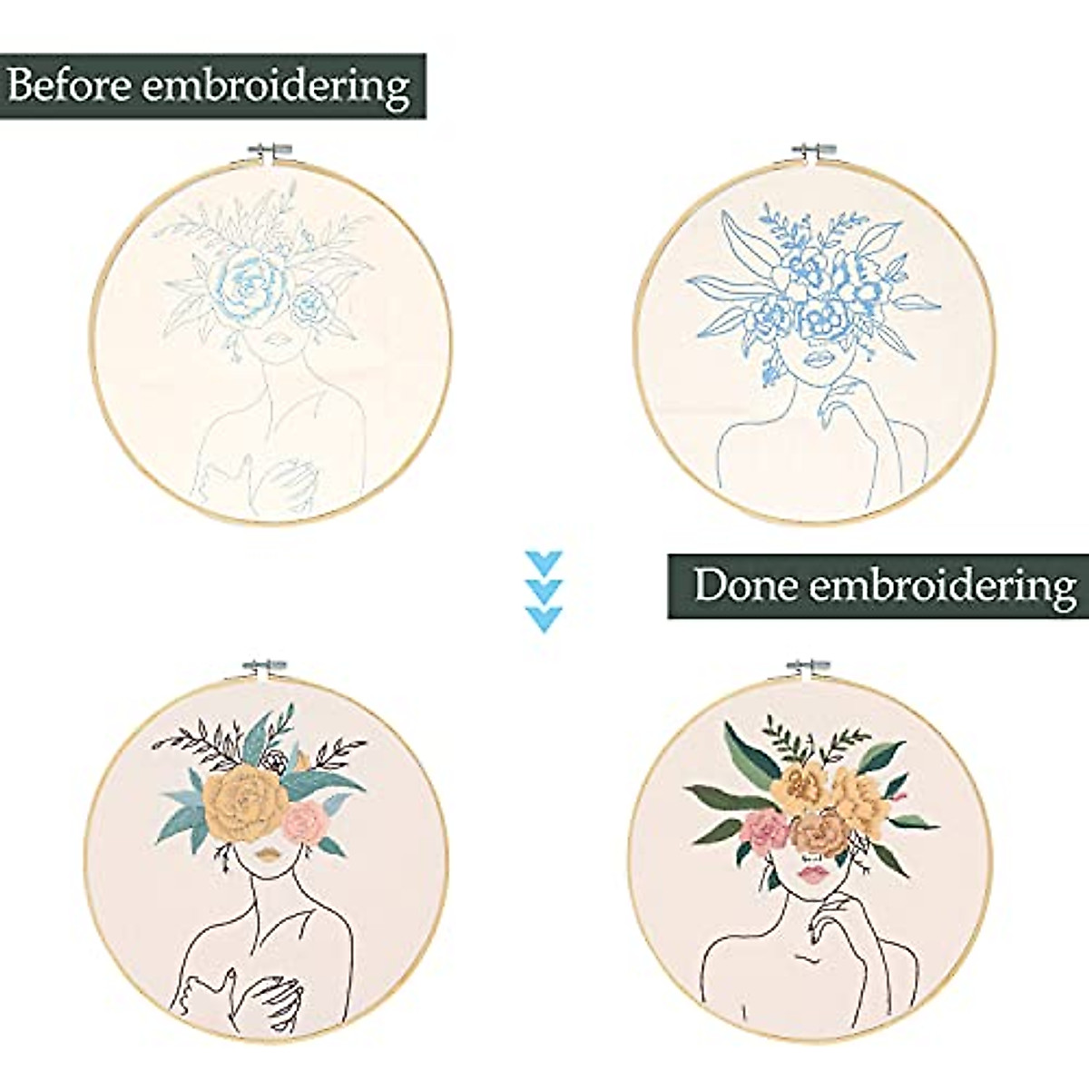 Santune 4 Pack Embroidery kit with Patterns and Instructions,DIY Beginner Cross Stitch Kits for Adults, with 4 Embroidery Clothes Women and Flower Pattern,2 Embroidery Hoops, Color Threads and Needles
