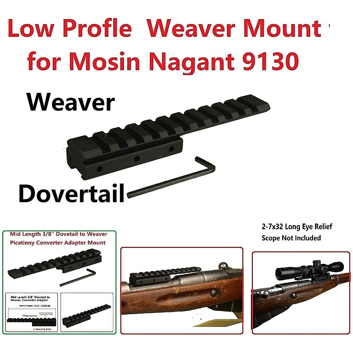 Gotical Low Profile Mosin Nagant 91/30 Scope Mount Weaver Picatinny Rail Mid Length (Pack of 2 - Scope Ring with Rail)