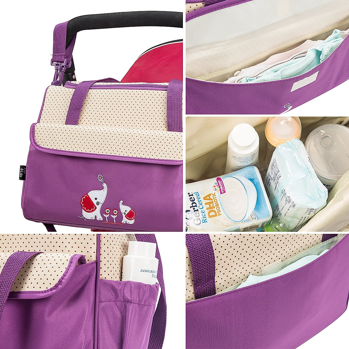 SoHo Animals Diaper Tote Bag 10Pc, ElephantsPurple