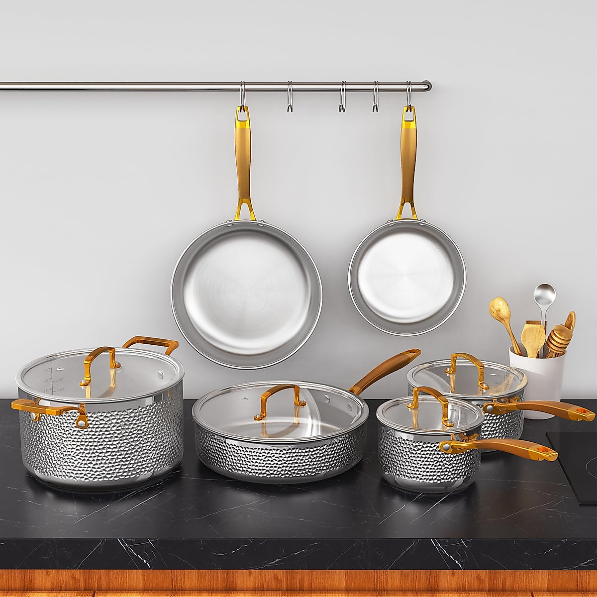 Homaz life Stainless Steel Pots and Pans Set, Tri-Ply Hammered Kitchen Cookware with Glass Lids, Induction Compatible, Non-Coated, Non-Toxic, 10-Piece