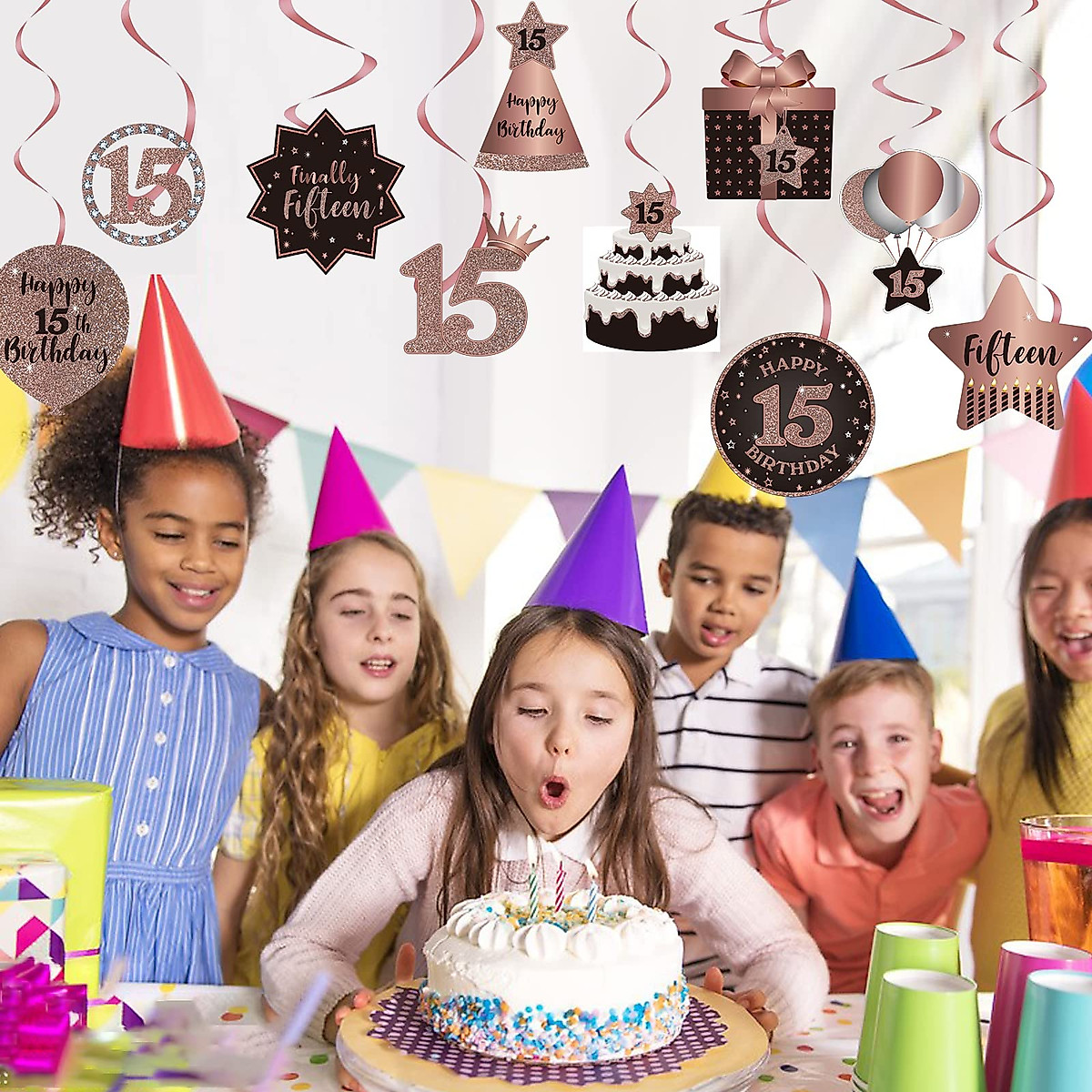 Happy 15th Birthday Hanging Swirls Streams Ceiling Decorations, Celebration 15 Foil Hanging Swirls with Cutouts for 15 Years Old Rose Gold Birthday Party Decorations Supplies