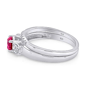 GEMVIO Collection Three Stone Ring, 5MM Round Lab Created Ruby Gemstone & Natural Diamond In 14K White Gold Over Sterling Silver Engagement Anniversary Wedding Bridal Set Ring(0.80Cttw)-7