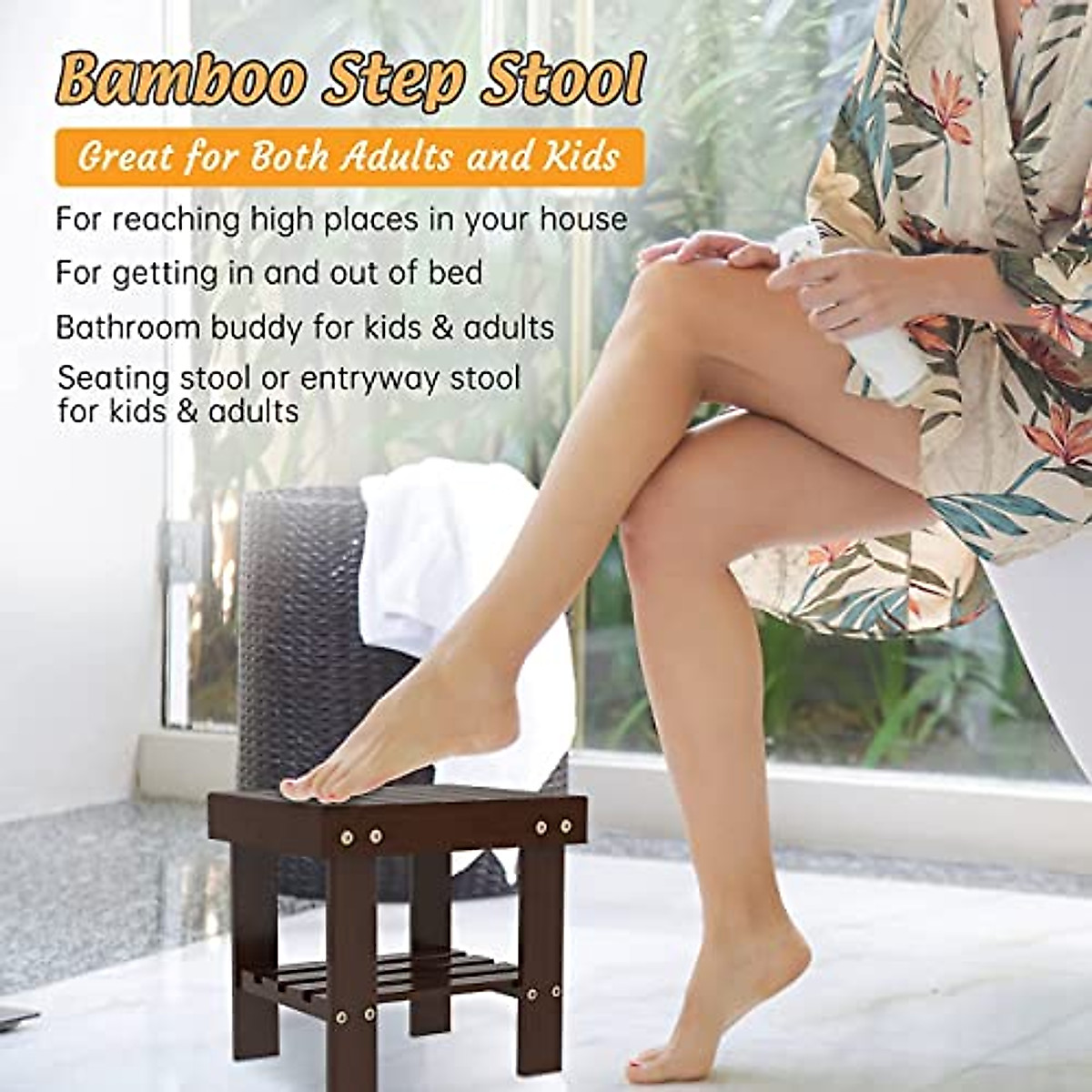 Wooden Step Stool for Kids Adults Small Wood Shower Foot Rest Stool Shaving Legs Potty Stool for Bathroom Sink Bed Kitchen Walnut