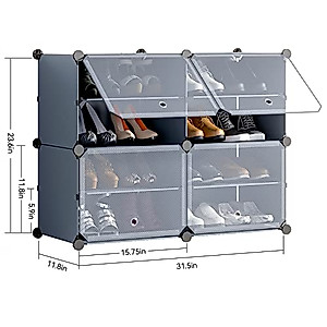 UNZIPE Shoe Rack, 8-Tier Shoe Storage Cabinet 16 Pairs Free Standing Shoe Racks Plastic Shoes Shelves DIY Cube Organizer for Closet Hallway Bedroom Entryway Garage, Dark Grey