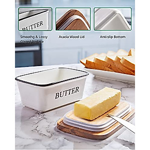 Butter Dish with Lid for Countertop - Large Ceramic Butter Container Holder with Acacia Wooden Lid for Counter - For Modern Kitchen Decor and Accessories - White