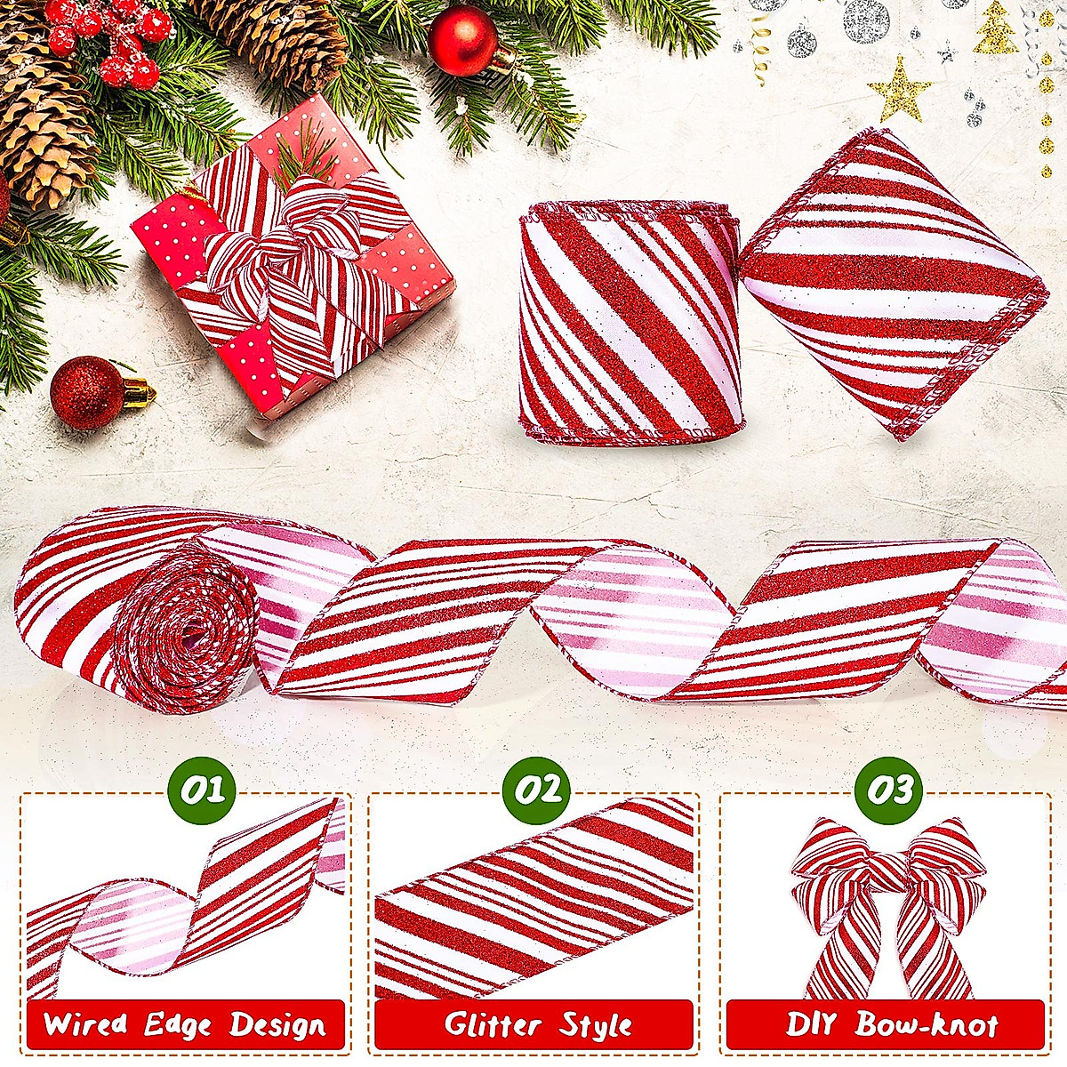 2 Rolls 20 Yards Red and White Striped Ribbons, 2.5 Inch Wide - Candy Cane Glitter Ribbons for Christmas Tree and Gift Wrapping