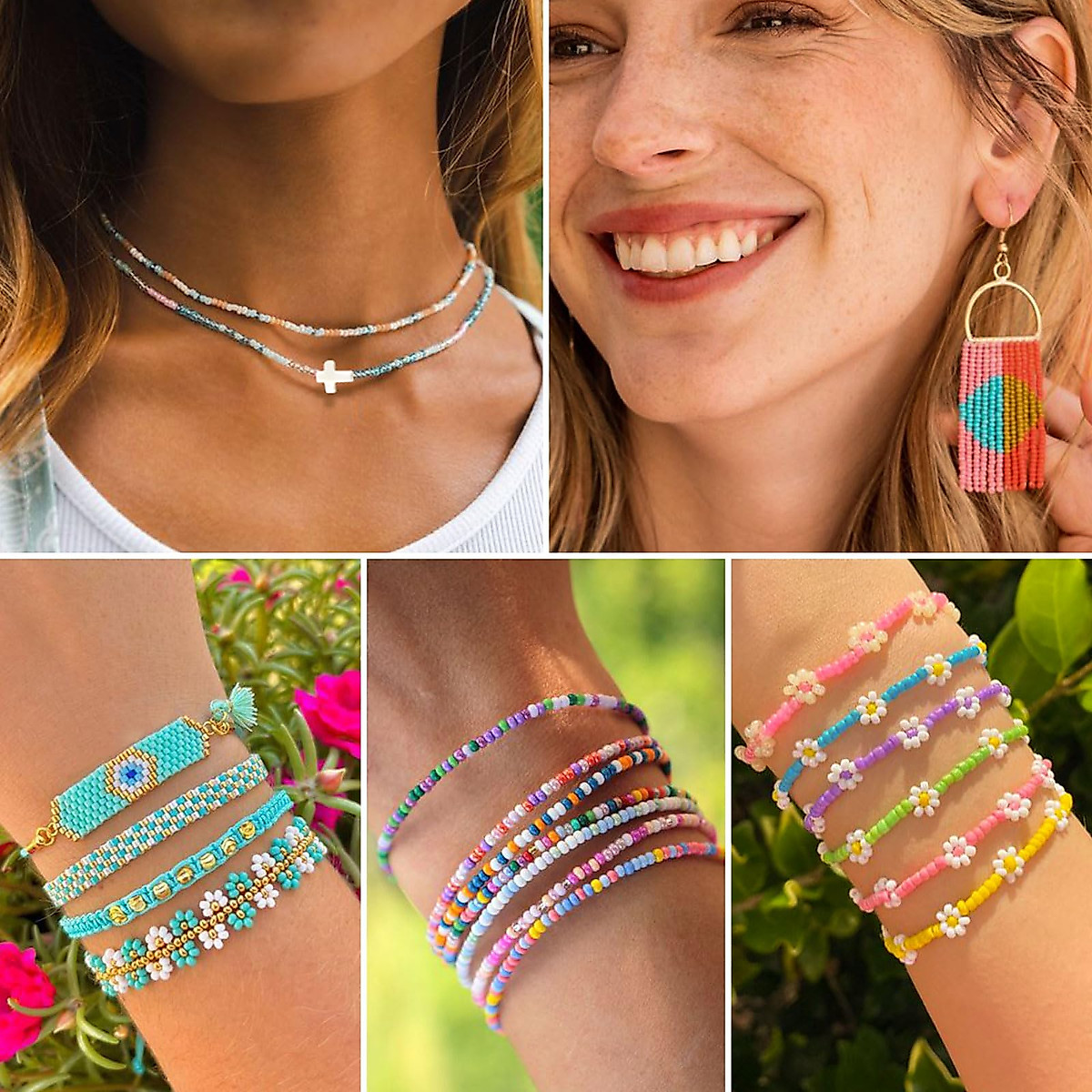 Gionlion 9000 Pcs 3mm Glass Seed Beads for Jewelry Making,24 Colors Seed Beads Friendship Preppy Bracelet Making Kit with Letter Beads Charms Kit and Elastic Strings