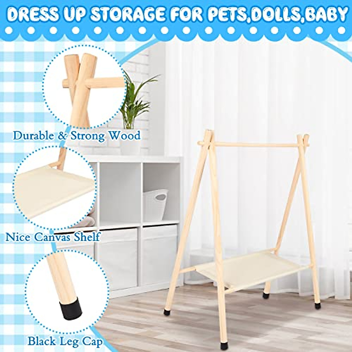 Queekay Kids Clothing Rack Kids Garment Rack for Pets Dolls Baby Dress up Storage Wooden Clothes Organizer with Storage Shelf Hanger Rack（Beige, Large）