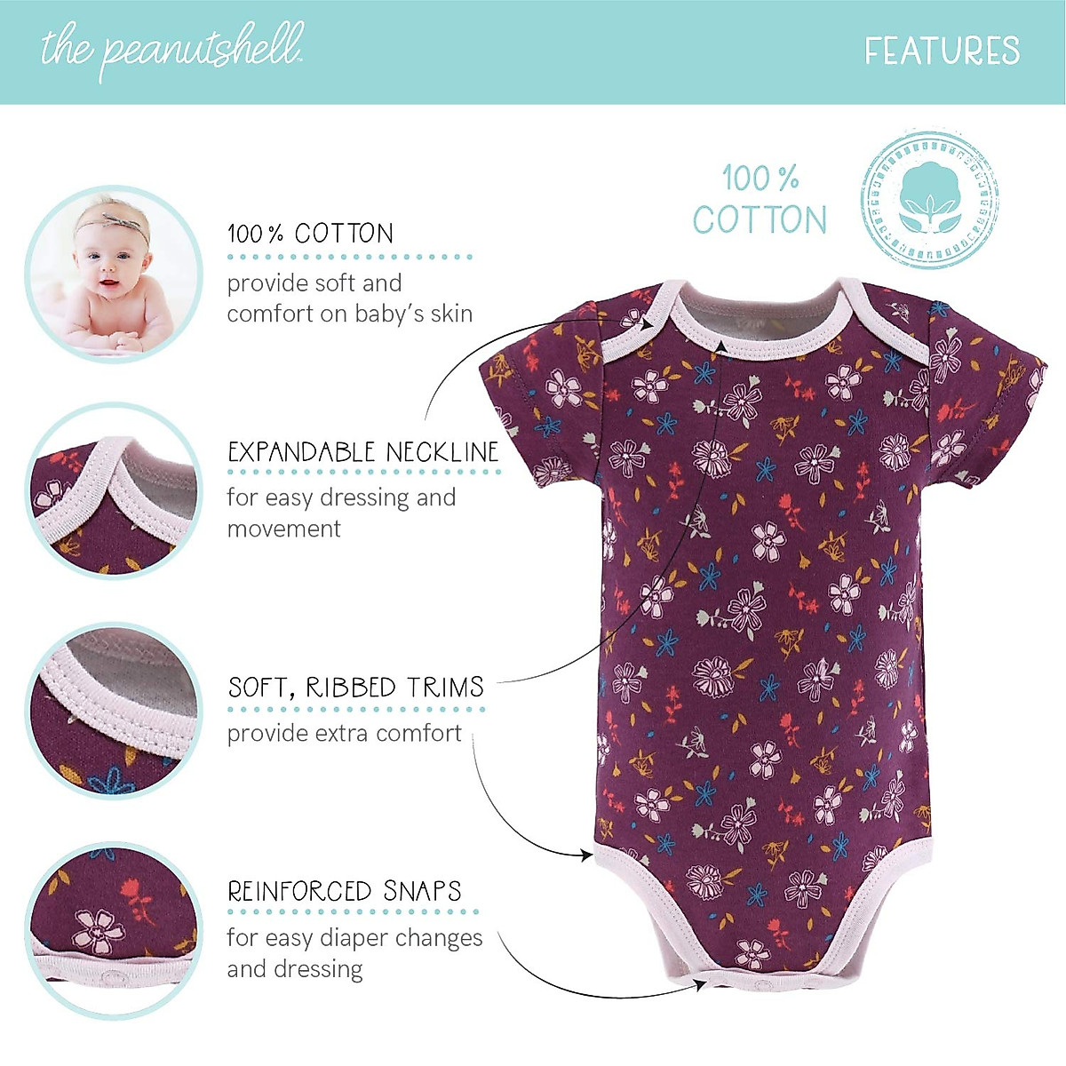 The Peanutshell Short Sleeve Baby Bodysuits Set for Baby Girls - Cheetah, Pink, Floral Maroon - 5 Pack Set… (Newborn)