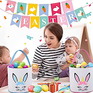 2PCS Large Easter Basket Empty for Teens Boys Girls Kids + Easter Banner + Pen, Bunny Personalized Easter Basket for Candy Stuffers Gifts Toys Egg Hunt Tote Bag Bucket, Party Favors Easter Basket Bulk