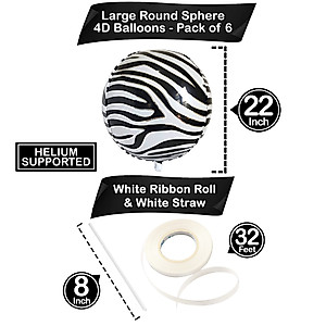 Large 22 Inch Zebra Balloons - Pack of 6 | Zebra Print Balloons for Black and White Party Decorations | Animal Print Balloons for Zebra Birthday Decorations | Zebra Balloon for Zebra Party Decorations