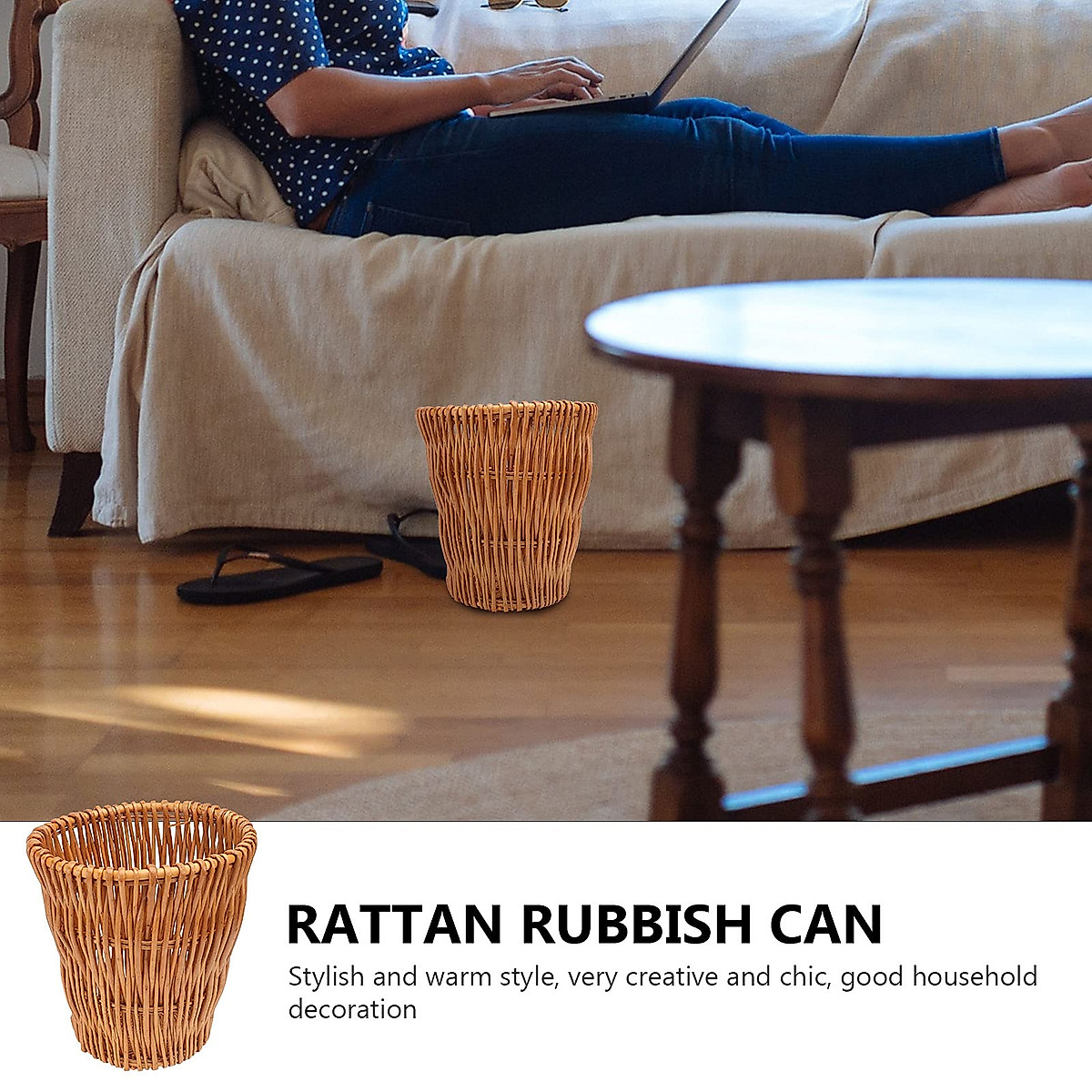 Wakauto Desktop Organizer Wicker Rattan Waste Basket Woven Trash Can Garbage Can Vintage Waste Bin Wastebasket Beige Creative Storage Basket