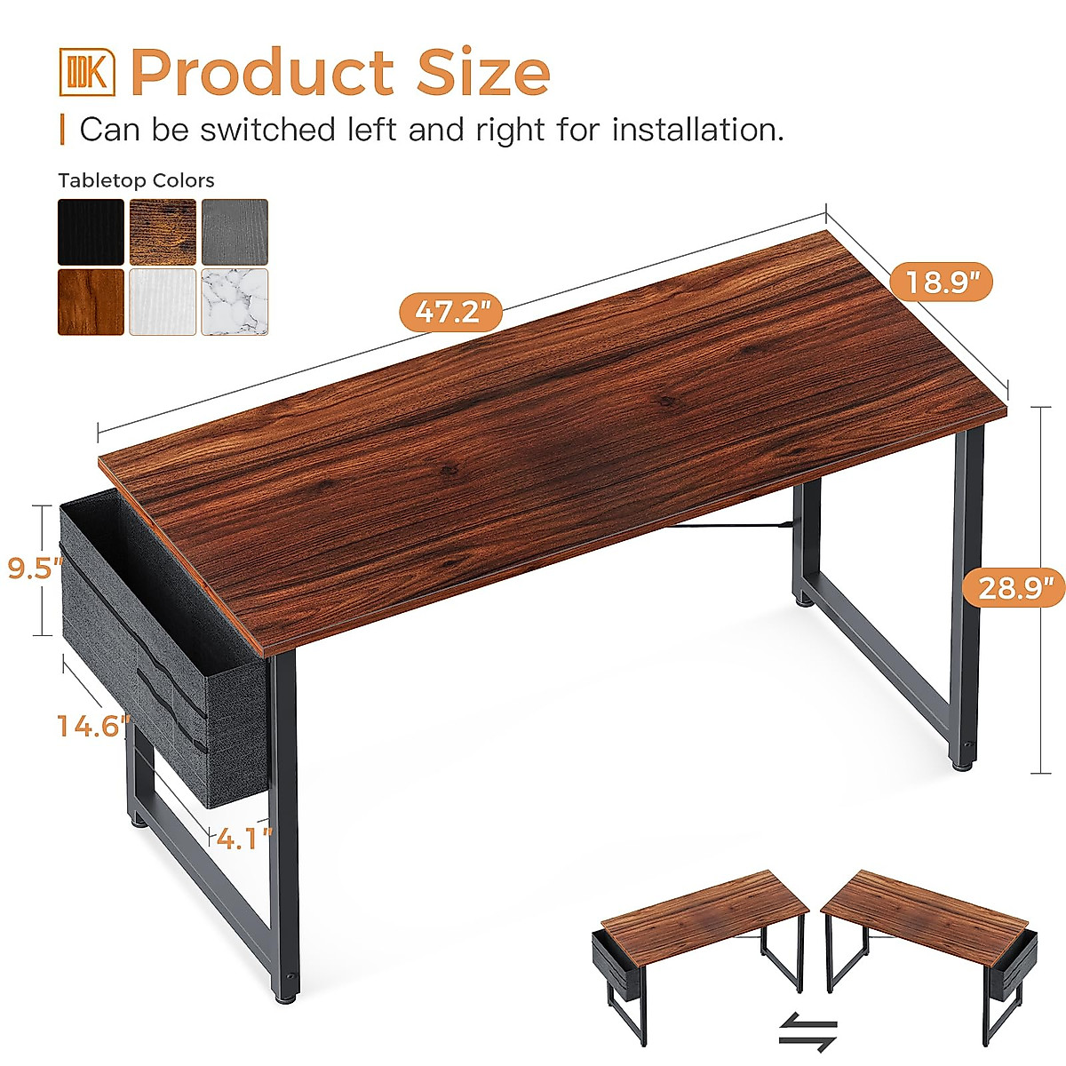 ODK Computer Desk Large Office Desk, 48 Inch Gaming Desk with Storage, Modern PC Desk Work Table with Headphone Hook for Home Office, Deep Brown