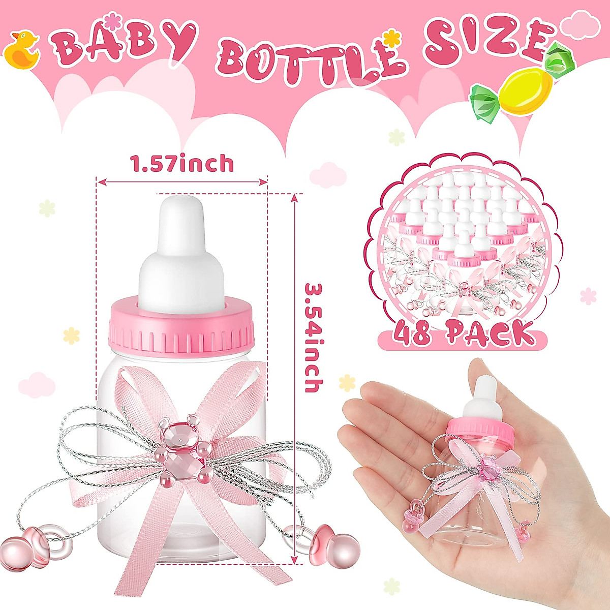 Nuenen 48 Pcs Baby Shower Bottles Baby Shower Mini Milk Bottle Baby Bottles Mini Baby Bottles for Baby Shower Plastic Bear Candy Bottles with Ribbon for Baby Shower Favor Gift(Pink)