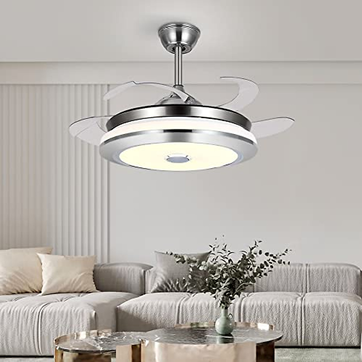 MoreChange 36" Retractable Ceiling Fans with Lights and Music Speaker,Modern Bluetooth LED Chandelier Fans For Dining Room wih Remote Control 3 Speeds 3 Color Changes Lighting Fixtures for Living