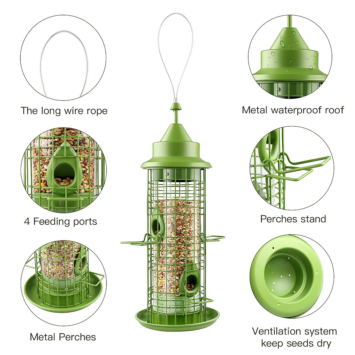 Decflow Bird Feeder, Wild Metal Bird Feeders for Outside with 4 Feeding Ports, Squirrel Proof Hanging Birds Feeders and Garden Decoration Yard for Bird Watchers, 2.2-Pound Seed Capacity.