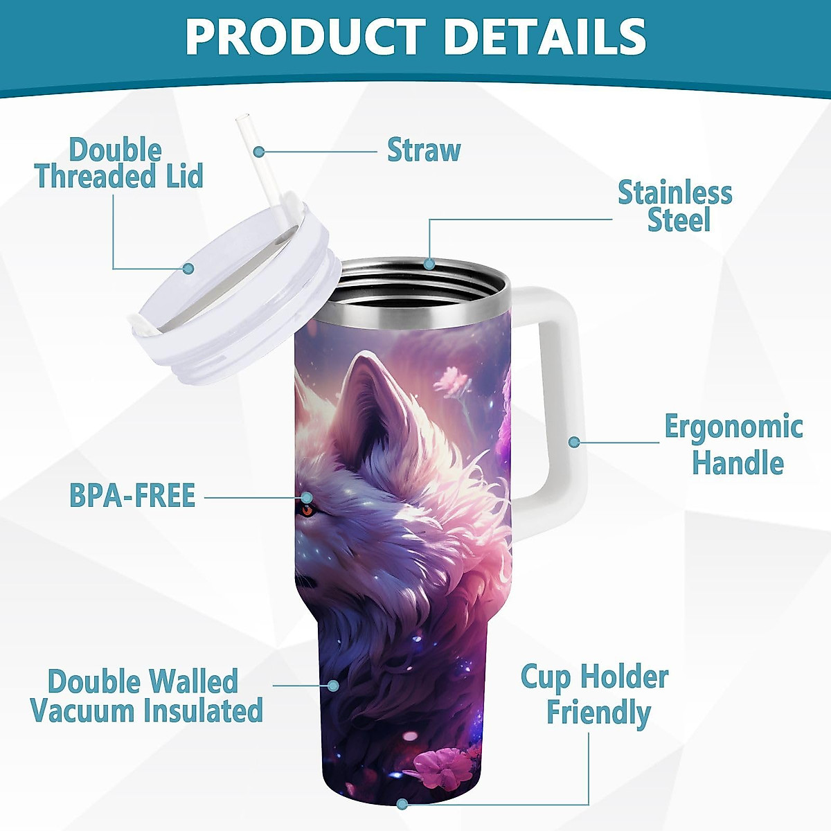 ARGTILDN 40 oz Tumbler Wolf Cloud Galaxy Insulated Travel Mug with Handle and Straw Lid Stainless Steel Vacuum Coffee Cup Tea Beverage Container Water Bottles for Car Sports office