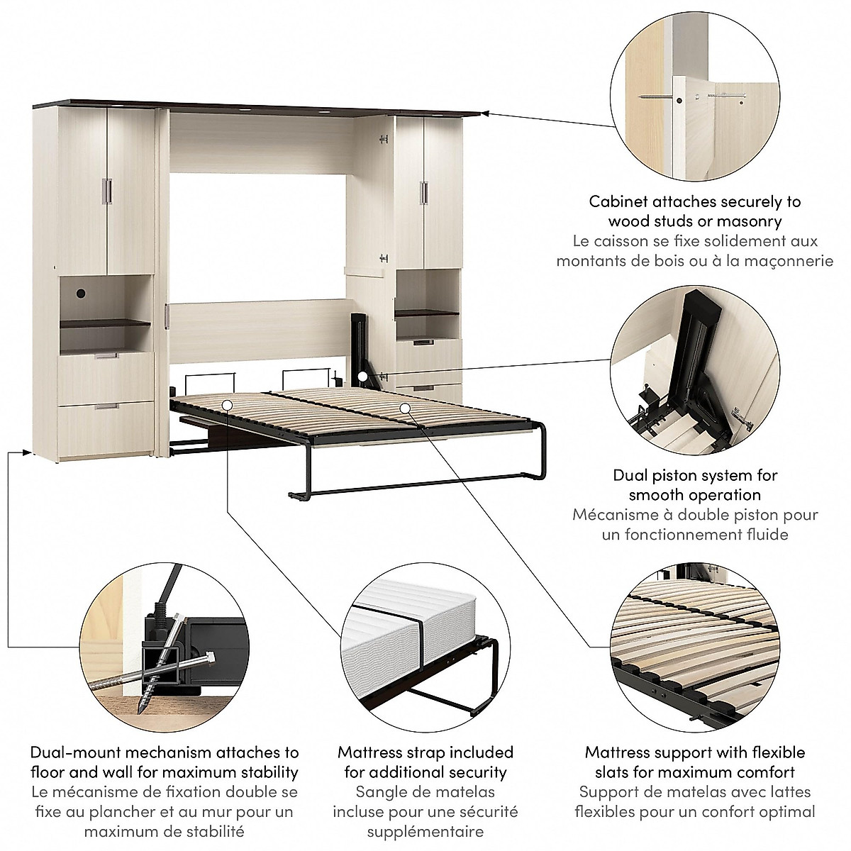 Bestar Lumina 107W Full Murphy Bed with Desk and 2 Storage Cabinets in White Chocolate, Sleeping Arrangement with Drawers