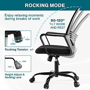 AFO Ergonomic Home Office Desk Chair with Comfortable Lumbar Support, Mid Back, Padded Seat and Armrest, Rocking Mode 360 Degree Swivel Rolling, Breathable Mesh, Adjustable Height, Black