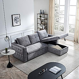 JULYFOX Gray Sectional Sofa with Storage Chaise, Mid Century Modern Reversible L-Shaped Sleeper Sectional Sofa Bed Button Tufted Copper Nail Head Trim 90 inch Wide for Living Room Office