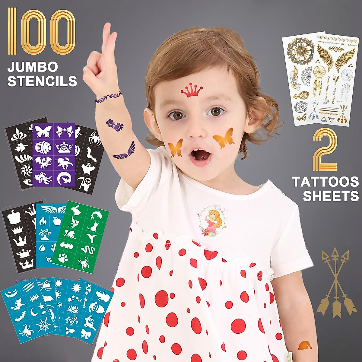 Face Painting Kit for Kids 20 Water Based Non-Toxic Sensitive Skin Paints 100 Stencils 3 Glitters 2 Hair Chalks Combs 2 Tattoos Sheets Face Painting Book Safe Professional Face Paint Kit For Kids