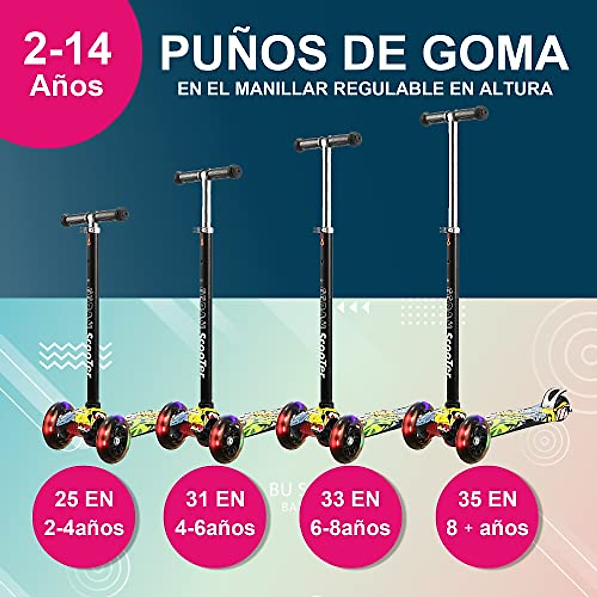 Scooter for Kids 3 Wheels Scooter Kids Scooter 4 Adjustable Height Lean to Steer Extra-Wide Deck Kids Scooter with LED Light Up Wheels Toddlers Girls & Boys from 3 to 12 Year-OldLearn to Steer