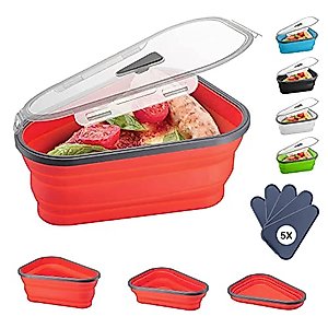 Pizza Storage Container with 5 Microwavable Serving Trays Reusable, Foldable Pizza Keeper Container Expandable, Dishwasher Safe and Reusable Pizza Saver Container by HCN7 (RED*)