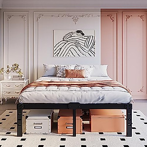 Kydins Queen Size Bed Frame with Storage Headboard Compatible Black Metal Platform No Box Spring Needed 3500 Lbs Heavy Duty Platform No Noise Non-Slip Sturdy Mattress Foundation