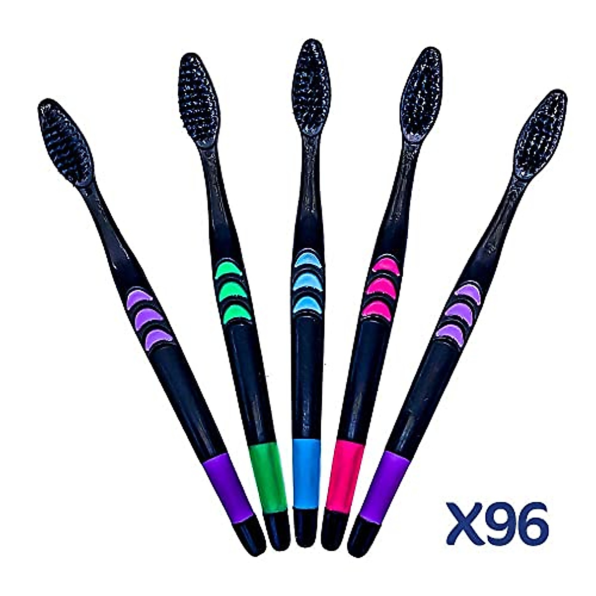 96 Bulk Toothbrushes Manual Travel Toothbrush Set for Adults or Kids, Multi-Color, Medium Soft, Oral Tooth Brush. Travel Toiletries Black Bristle