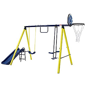 Tidyard 5 in 1 Outdoor Swing Set for Backyard, Playground Swing Sets with Steel Frame, Swing Silde Playset for Kids with Seesaw Swing, Basketball Hoop