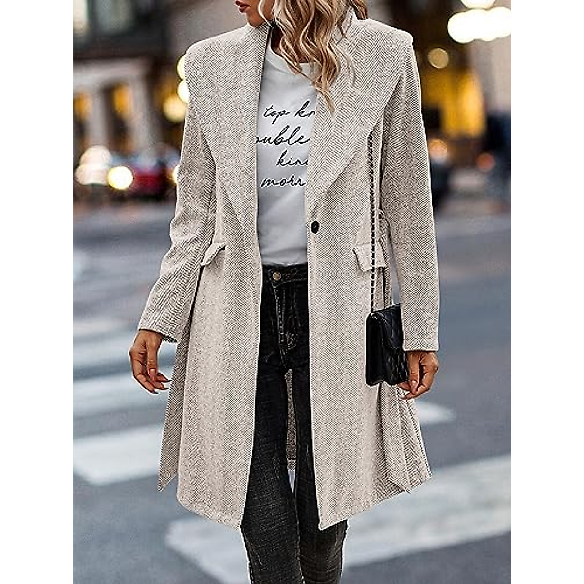ECOWISH Women Coat Long Jacket: Winter Fashion Long Sleeve Lapel Casual Overcoat With Belt Beige Large