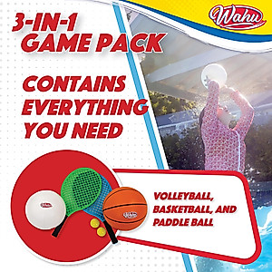 Wahu 3-in-1 Pool Sports Game Pack with Basketball and Hoop, Volleyball and Net, and Paddles and Paddle Balls, Pool Volleyball, Basketball, and Paddle Ball Set