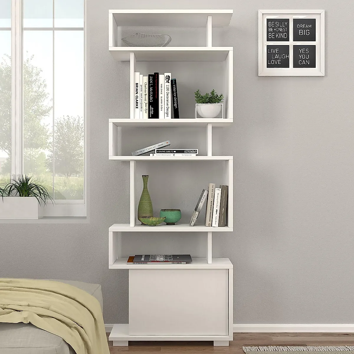 DORPEK Balance Bookcase 6-Tier S-Shaped Bookshelf, Freestanding Wooden Bookcase, Modern Decorative Storage Display Shelf for Living Room & Bedroom, White