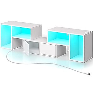 Rolanstar TV Stand, Deformable TV Stand with Power Outlets & LED Strip, Modern Entertainment Center for 45/50/55/60/65/70 inch TVs, 3 Pieces TV Stand with Open Storage and 2 Storage Cabinet, White