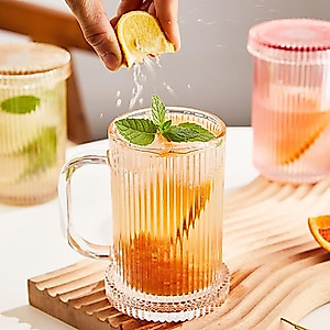 Qipecedm Clear Glass Coffee Mug with Lid, 13 oz Classic Vertical Stripes Coffee Cups, Premium Glass Tea Mug for Hot/Cold Beverages, Ribbed Drinking Glassware Set for Latte, Cappuccino, Tea and Juice