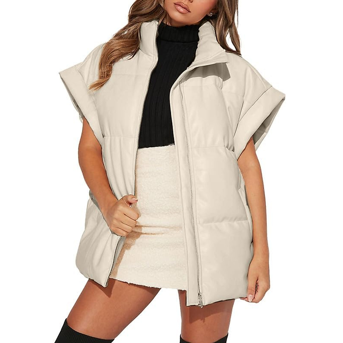 Dokotoo Womens Oversized Apricot Puffer Vest Warm Stand Collar Casual Zip Padded Vest Sleeveless Outerwear Jacket Winter Coats for Women Quilted Vest with Pockets X-Large