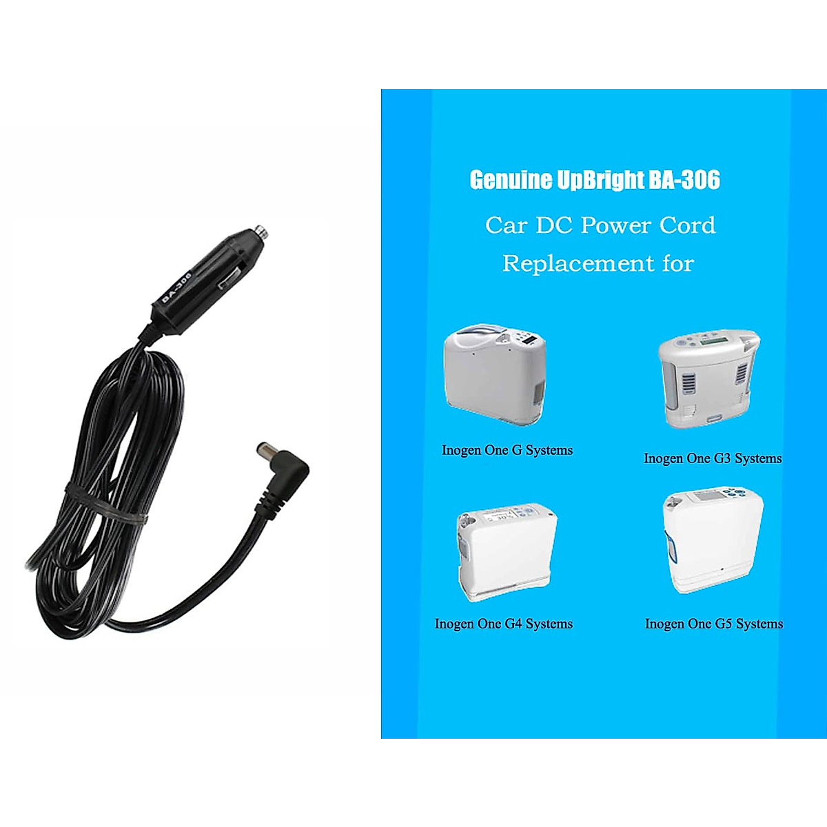 OEM BA-306 12V Car DC Adapter Power Cord Supply Compatible with Inogen One G3 G4 G5 Model IO-300 IO-400 1400-1000 1400-2000 BA-301 BA-503 BA306 Auto Vehicle Cigarette Lighter Plug Battery Charger