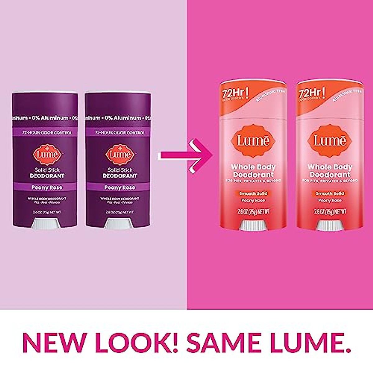 Lume Whole Body Deodorant - Smooth Solid Stick - 72 Hour Odor Control - Aluminum Free, Baking Soda Free and Skin Safe - 2.6 Ounce, (Pack of 2) (Peony Rose)