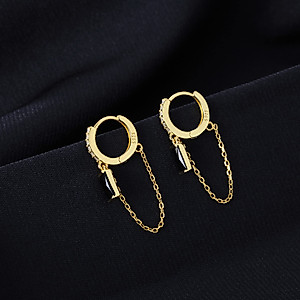 SLUYNZ 925 Sterling Silver Dangle Hoop Earrings for Women Minimalist Black CZ Hoop Earrings Tassel Chain (B-Gold Plated)