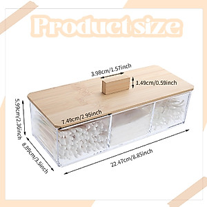 Sohalejr Wood Qtip Holder 3 Compartments Cotton Ball and Swab Holder Organizer with Lid,Jar for Cotton Rounds,Bathroom Containers,Clear Acrylic Desk Organizer for Makeup Pads,Cosmetics Bedroom
