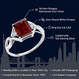 Gem Stone King 925 Sterling Silver Red Garnet Ring For Women (2.67 Cttw, Emerald Cut 9X7MM, Gemstone Birthstone, Available in size 5, 6, 7, 8, 9)