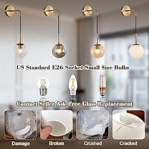 BOKT Mid Century Modern Globe Wall Sconce Lighting Brushed Brass Gold Bathroom Wall Light Clear Bubble Glass Ball Wall Light Fixture Lamp Bedroom Bedside Wall Light (Gold+Clear)