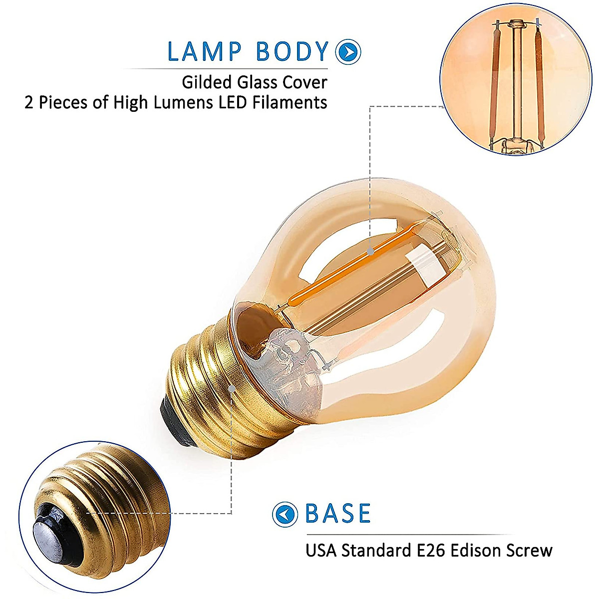 Panledo 2 Watt Vintage Edison LED Bulbs, Globe LED Filament Bulb, 2200K Ultra Warm Light, E26 Medium Base, A15 Amber Glass Antique Gold Tint, 25W Incandescent Replacement, Dimmable, Pack of 6