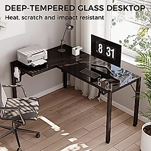 EUREKA ERGONOMIC Music Sensing RGB LED Lights Glass Gaming Desk, 60 Inch L Shaped Reversible Top, Home Office Corner Computer Studio Table Gifts GTG L60 w Cup Headset Socket Holder, Smart APP Control