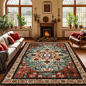 LBRO2M Boho Area Rug 5X7 Washable Rugs Low Piles, Non Slip Soft Boho Rugs for Living Room, Bedroom, Dining Room Rug Pet Friendly Area Rugs (Red, 5X7)