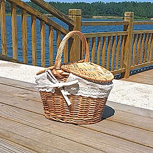 JFBUCF Willow Basket Picnic Basket, Traditional Picnic Hamper with Handle and Double Lids Small Handmade Woven Eggs Candy Basket Flower Basket Rattan Storage, 10x7.7x5.5 inch