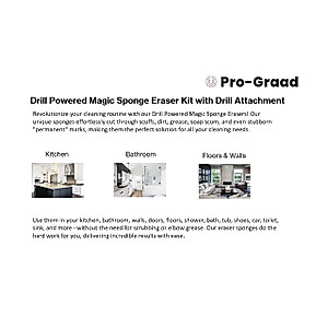 4.5” Drill Powered Magic Sponge Eraser 6 Pieces Kit with Drill Attachment | 25% Thicker Ultra Durable Melamine Cleaning Eraser Pads for Bathroom Kitchen Floors Walls Baseboards Crayon Marker and More